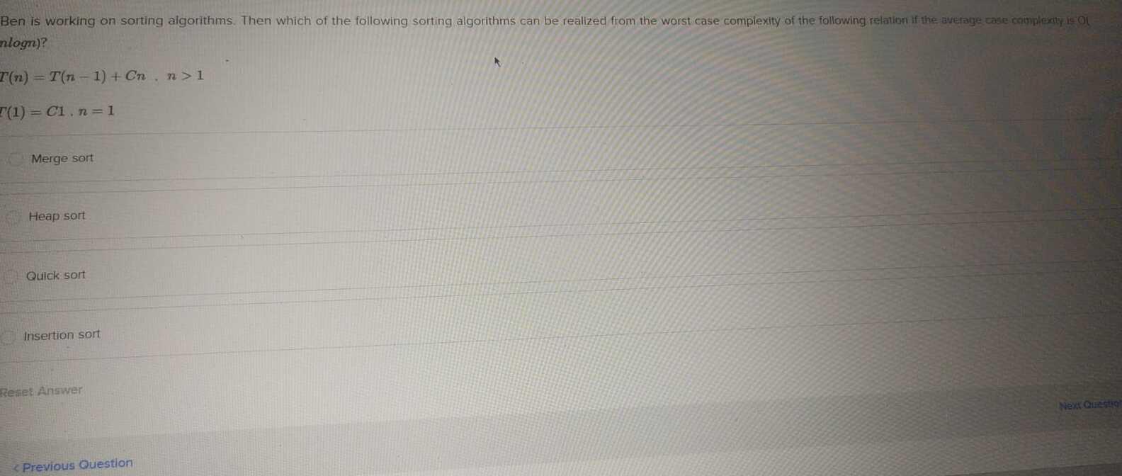 Solved nlogn)? F(n)=T(n−1)+Cn.n>1 Γ(1)=C1.n=1 Merge sort | Chegg.com