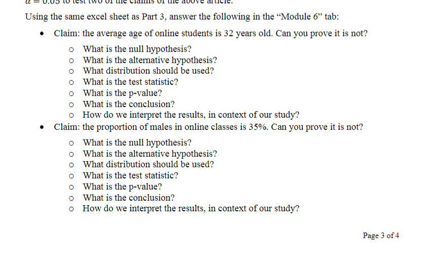 Solved Using the same excel sheet as Part 3, answer the | Chegg.com