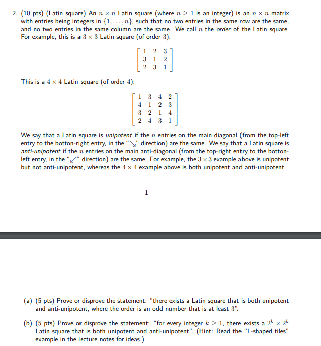 Solved (10 ﻿pts) (Latin square) ﻿An n×n ﻿Latin square (where | Chegg.com