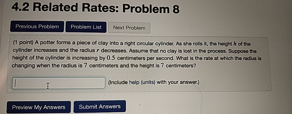 Solved 4.2 Related Rates: Problem 8 Previous Problem Problem | Chegg.com