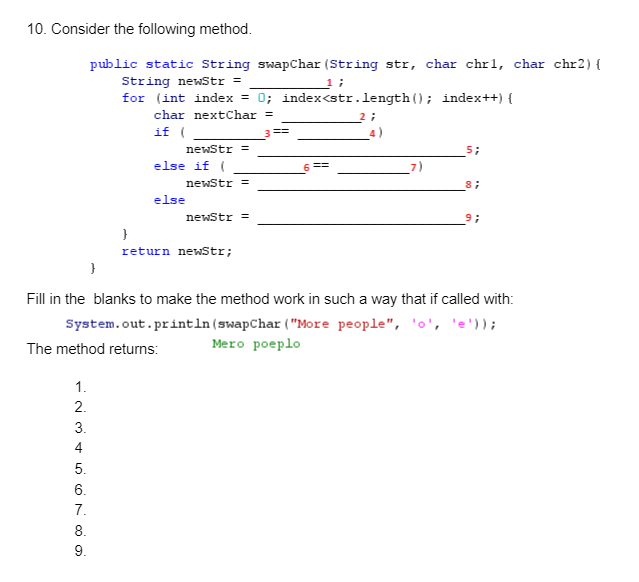 Solved 10. Consider the following method. Fill in the blanks | Chegg.com