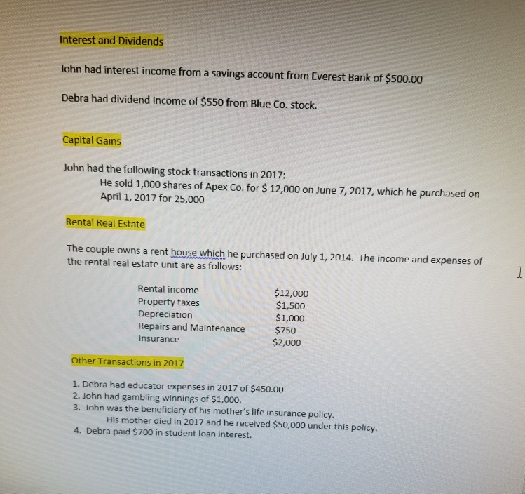 Solved How do you complete the form 1040 and the Schedule B | Chegg.com