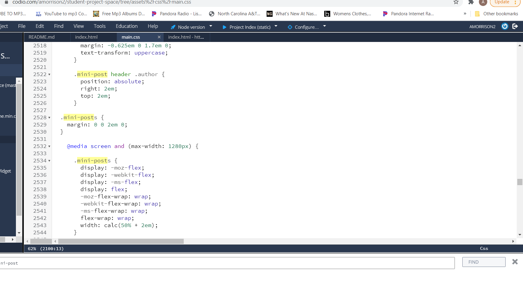 Need assistance modifying css layout in Codio | Chegg.com