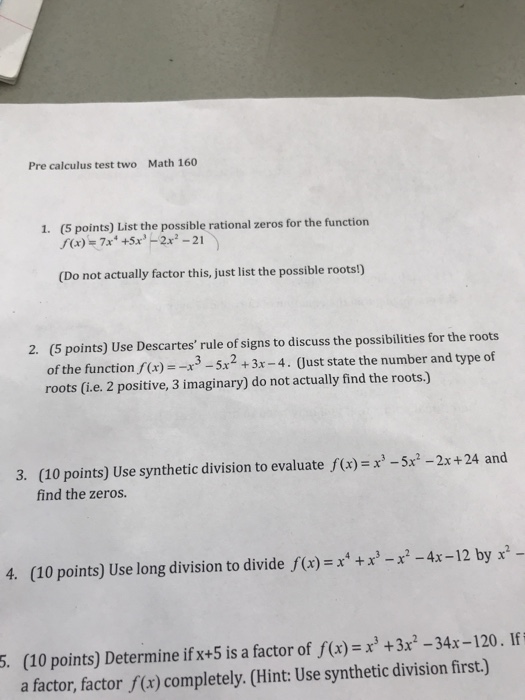Solved Pre calculus test two Math 160 (5 points) List the | Chegg.com