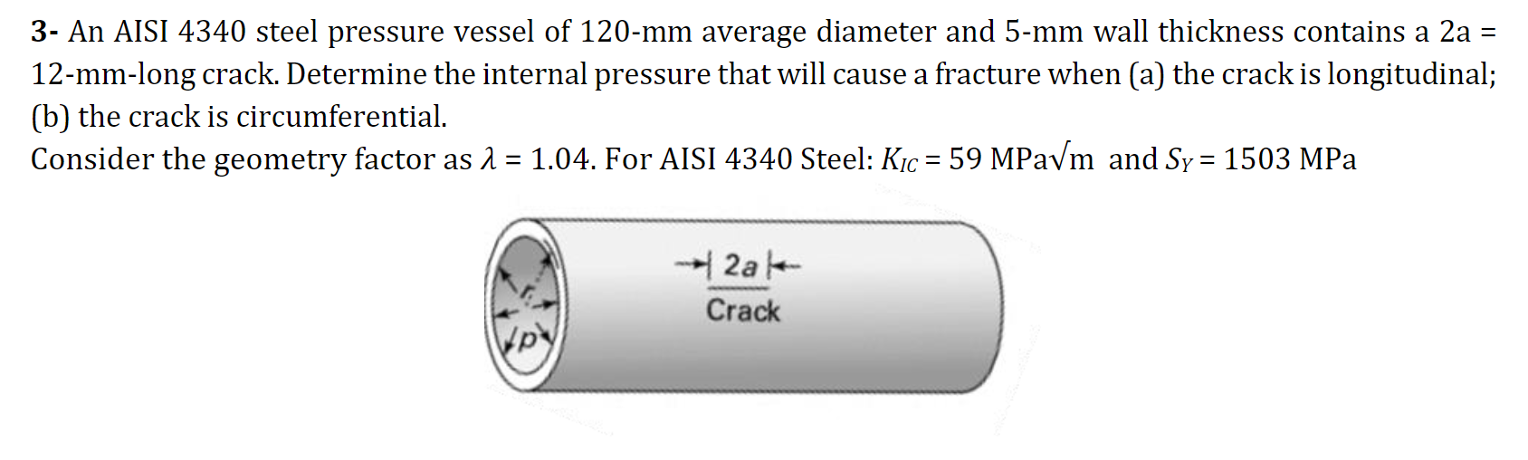 Solved 3- An AISI 4340 steel pressure vessel of 120 -mm | Chegg.com