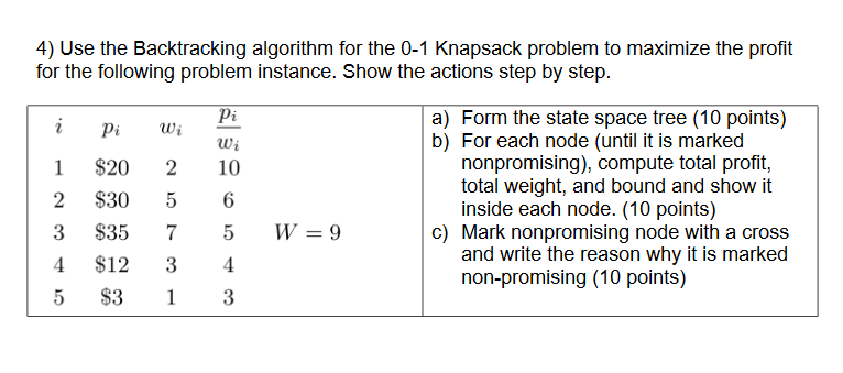 4) Use the Backtracking algorithm for the 0-1 | Chegg.com