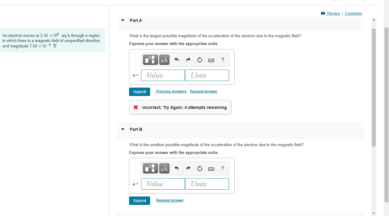 Solved Review Constants Part A An electron moves at 2.30 x | Chegg.com