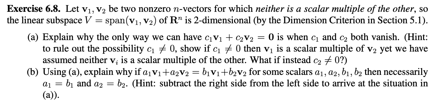 Solved = Exercise 6.8. Let V1, V2 be two nonzero n-vectors | Chegg.com