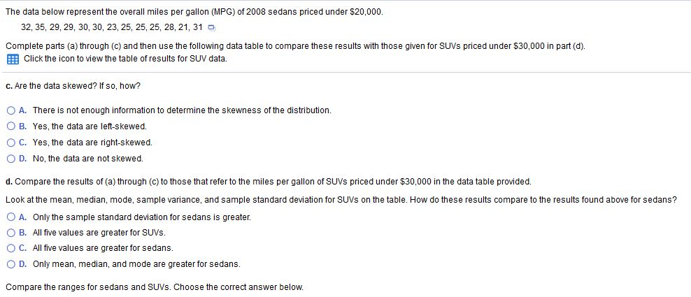 Solved The data below represent the overall miles per gallon | Chegg.com