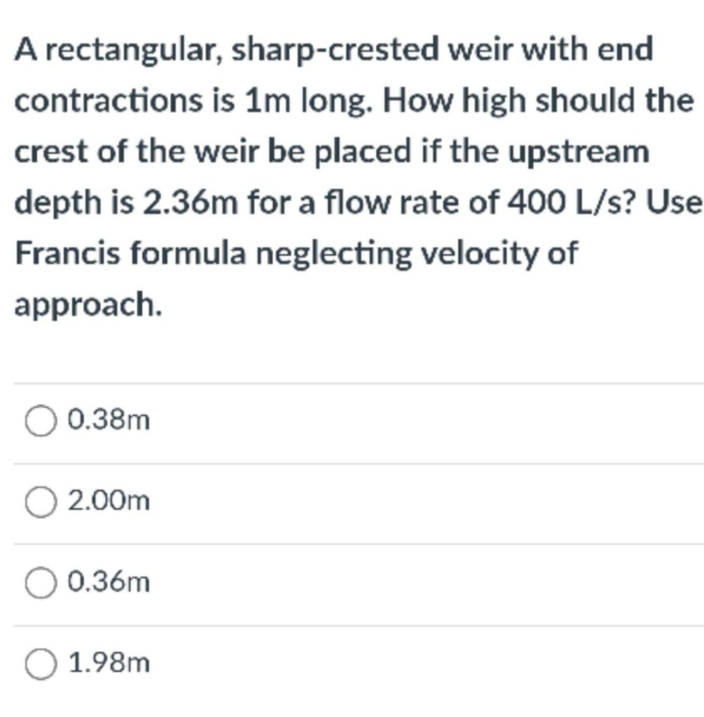 Solved A rectangular, sharp-crested weir with end | Chegg.com