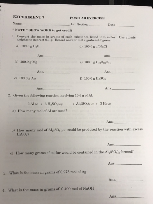 Solved EXPERIMENT7 Name NOTE SHOW WORK to get credit 1. | Chegg.com