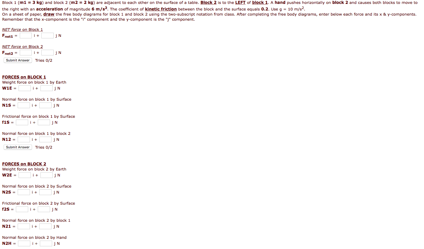 Solved Block 1 (m1 = 3 kg) and block 2 (m2 = 2 kg) are | Chegg.com