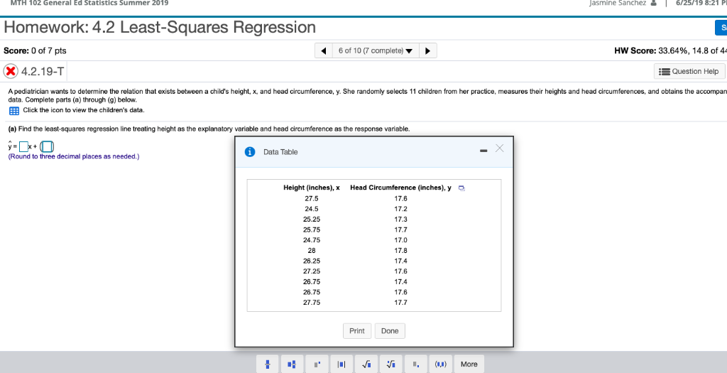 Solved MTH 102 General Ed Statistics Summer 2019 Jasmine | Chegg.com