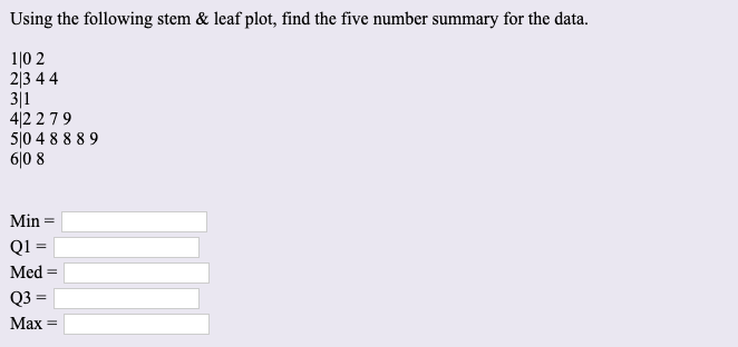 Solved Using the following stem & leaf plot, find the five | Chegg.com