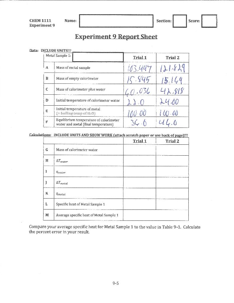 Solved Name: Section: Score: CHEM 1111 Experiment 9 | Chegg.com Solved Name: Section: Score: CHEM 1111 Experiment 9 | Chegg.com