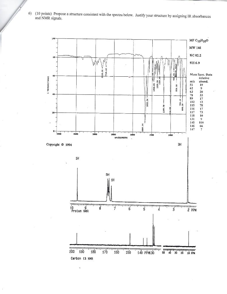 Solved 6) (10 points) Propose a structure consistent with | Chegg.com