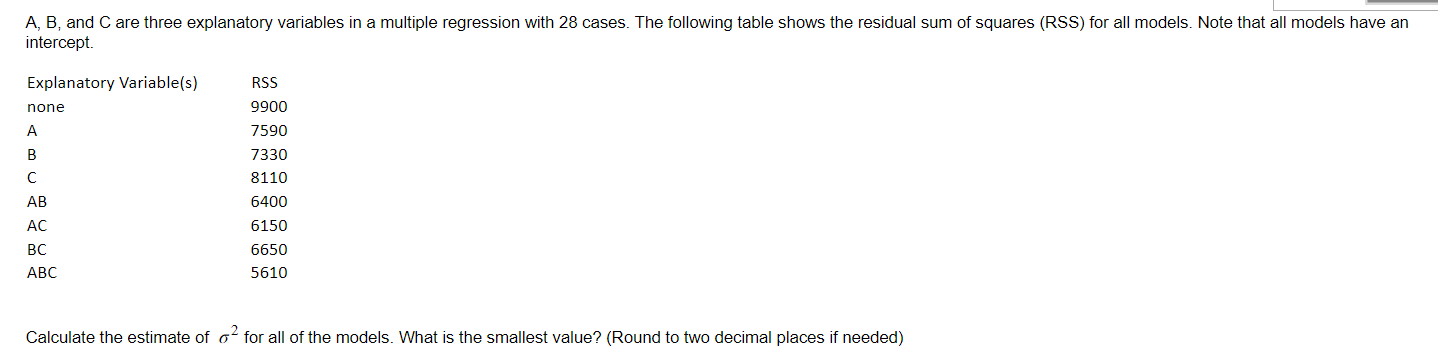 Solved A, ﻿B, ﻿and C are three explanatory variables in a | Chegg.com