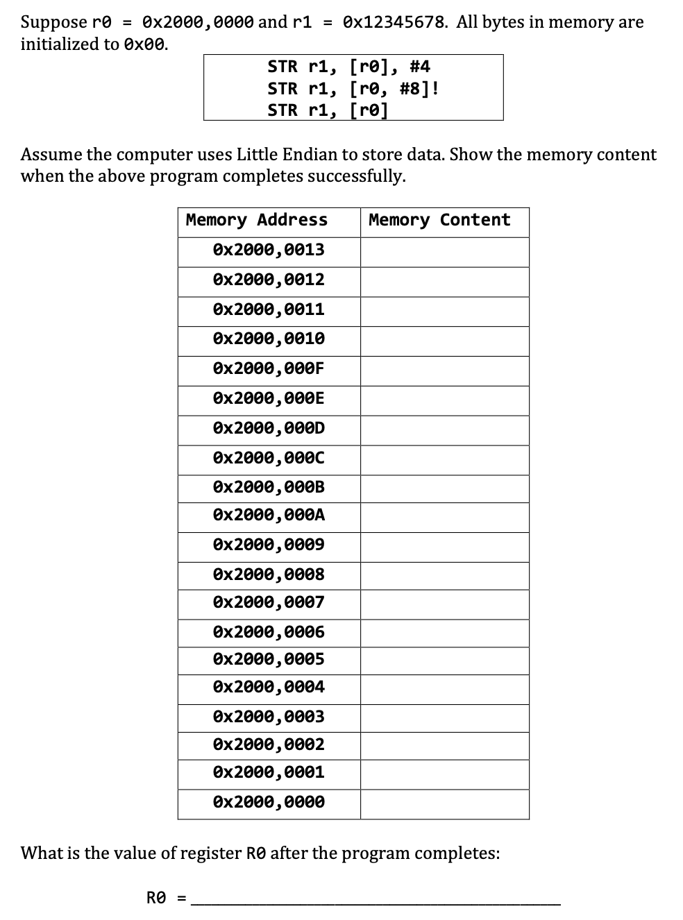 Solved Suppose ro = Ox2000,0000 and r1 = 0x12345678. All | Chegg.com