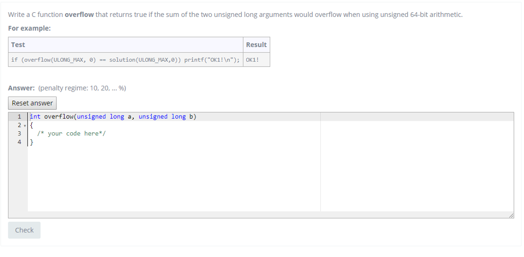 Solved Write a C function overflow that returns true if the | Chegg.com