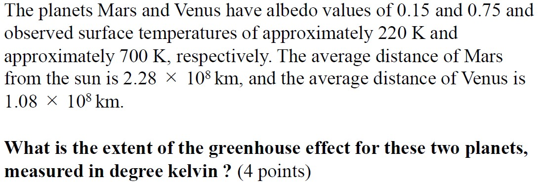 Solved The planets Mars and Venus have albedo values of 0.15 | Chegg.com