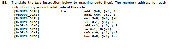 Solved B1. Translate the bne instruction below to machine | Chegg.com