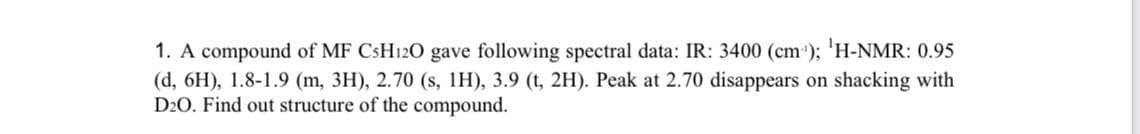 Solved 1. A compound of MF CsH120 gave following spectral | Chegg.com