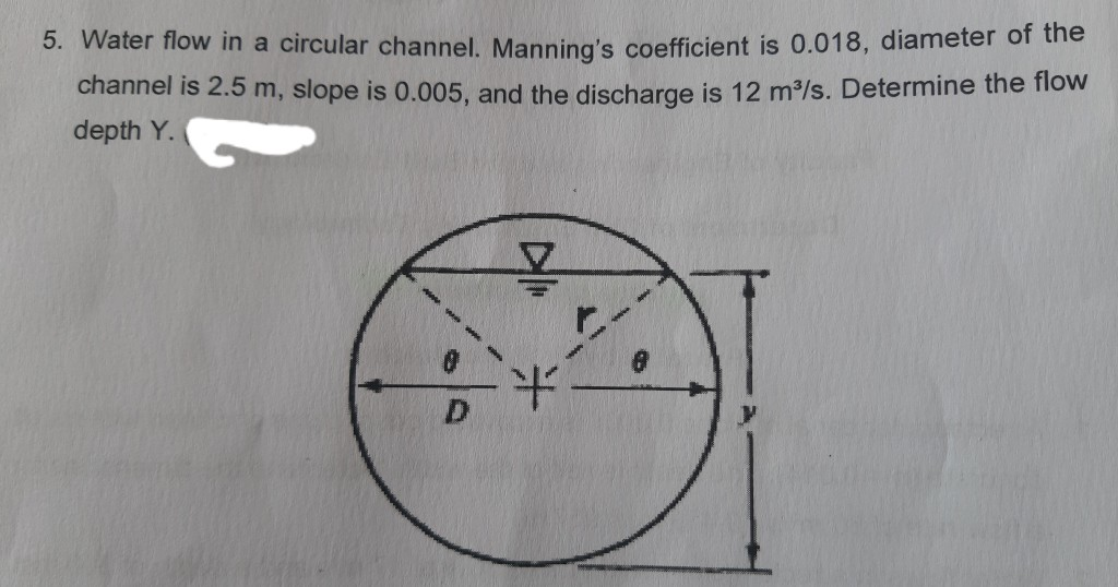 Solved 5. Water flow in a circular channel. Mannina's | Chegg.com