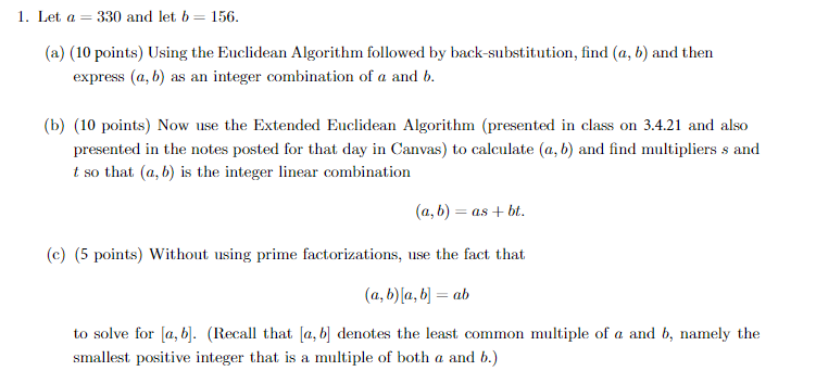 Solved 1. Let a=330 and let b=156. (a) (10 points) Using the | Chegg.com