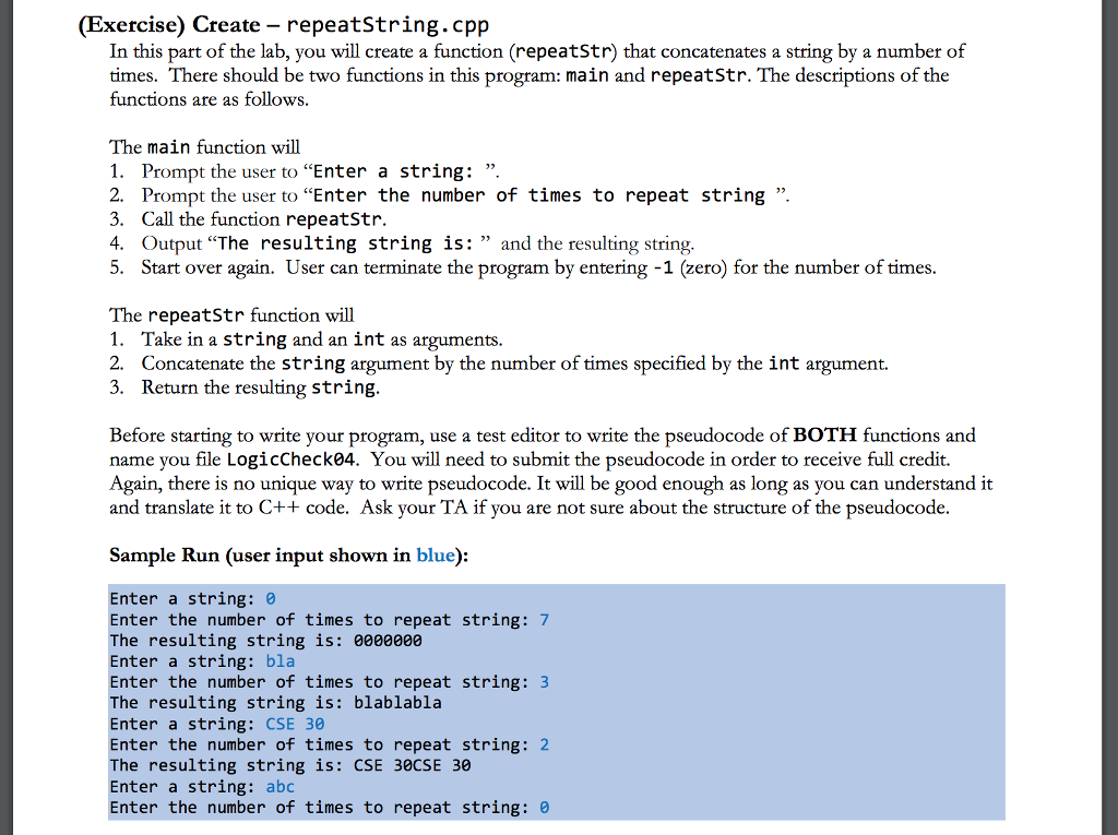 Solved (Exercise) Create - repeatString.cpp In this part of | Chegg.com