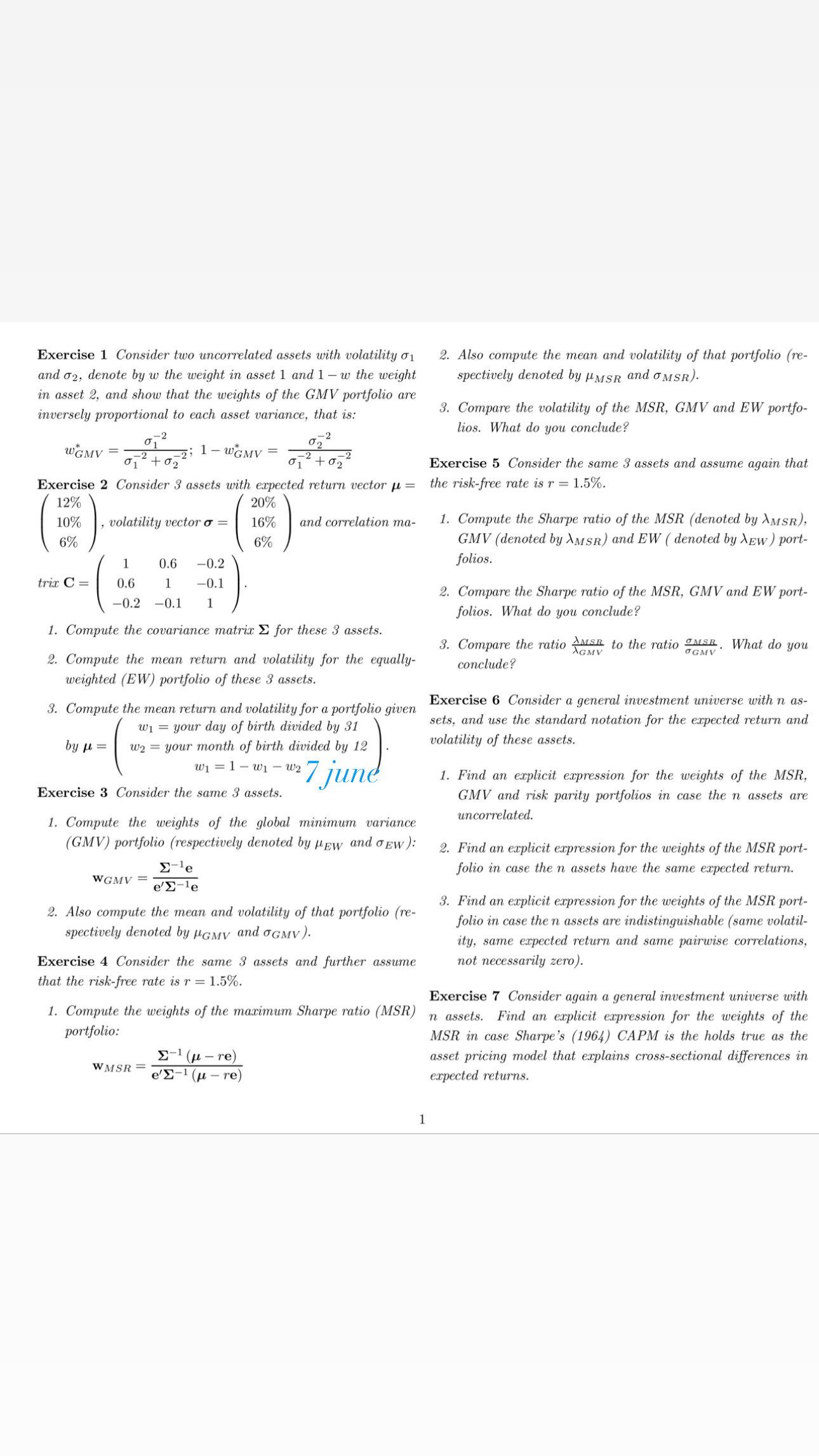 Solved Exercise 1 Consider two uncorrelated assets with | Chegg.com Solved Exercise 1 Consider two uncorrelated assets with | Chegg.com