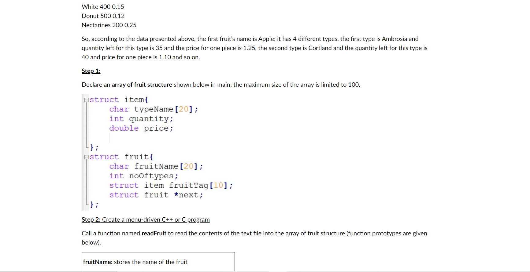Solved The Problem description Details of fruits in a fruit | Chegg.com