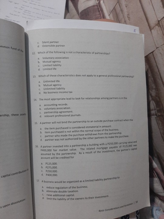 Solved Silent partner d. Ostensible partner mmon fund of 12. | Chegg.com