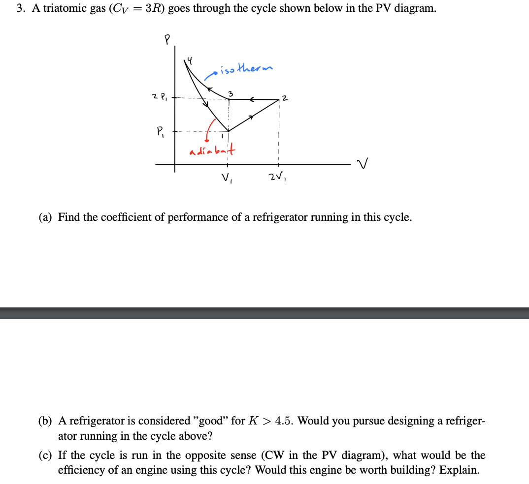 Solved 3. A triatomic gas (Cy = 3R) goes through the cycle | Chegg.com
