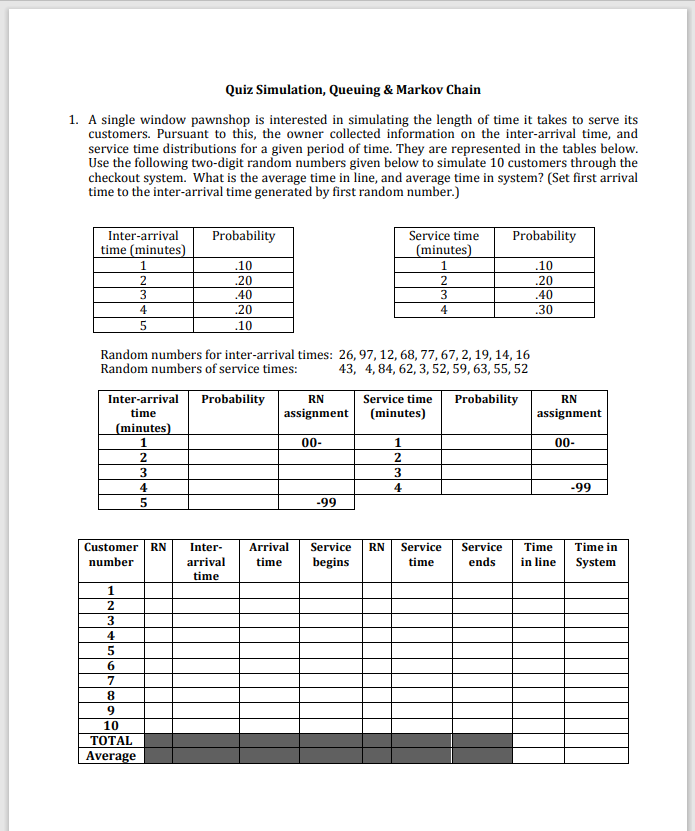 Solved Quiz Simulation, Queuing & Markov Chain 1. A single | Chegg.com