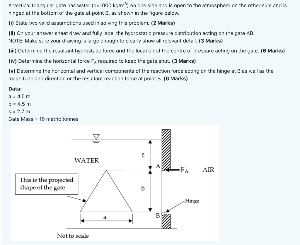 Solved A vertical triangular gate has water (p=1000 kg/m3) | Chegg.com