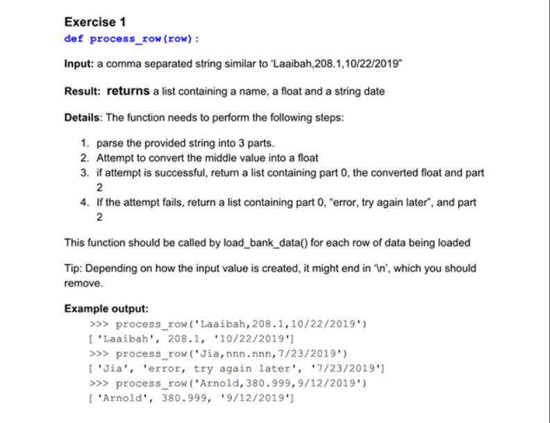 Solved Exercise 1 def process_row (row): Input: a comma | Chegg.com
