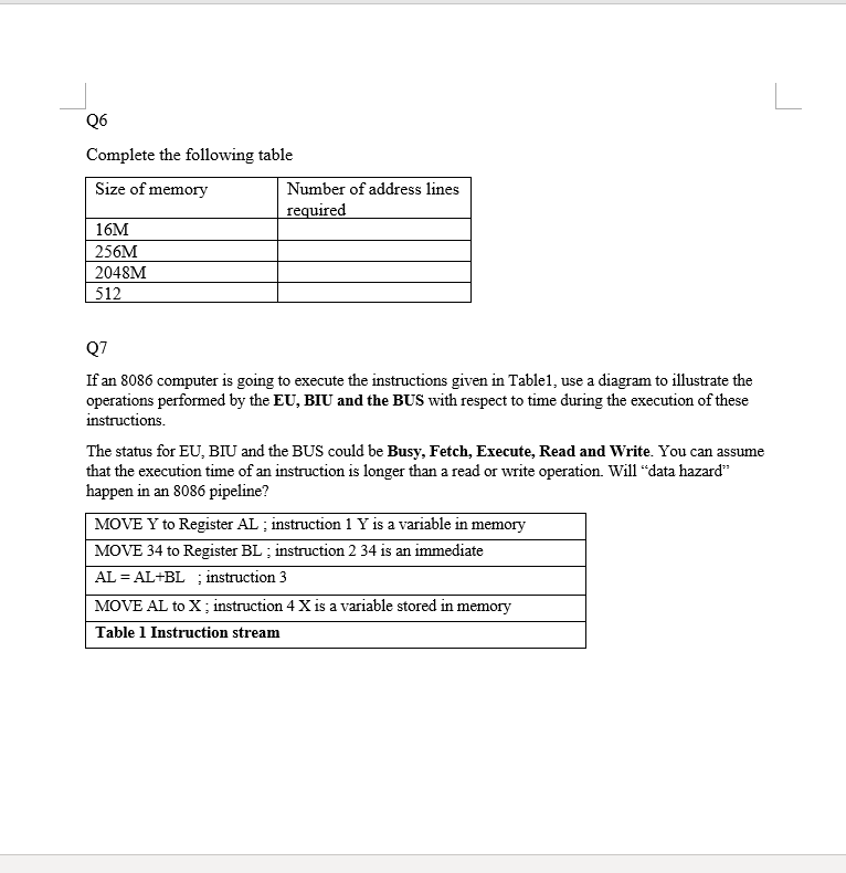 Solved Q6 Complete the following table Size of memory Number | Chegg.com
