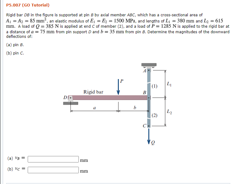 Solved P5.007 (GO Tutorial) Rigid bar DB in the figure is | Chegg.com