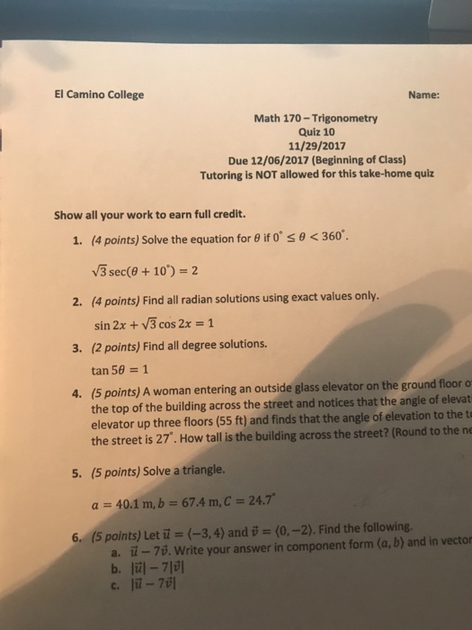 Solved El Camino College Name: Math 170-Trigonometry Quiz 10 | Chegg.com