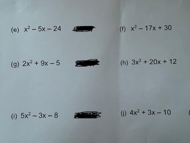 Solved (e) x² - 5x-24 (g) 2x² + 9x - 5 (i) 5x²-3x - 8 (f) x² | Chegg.com