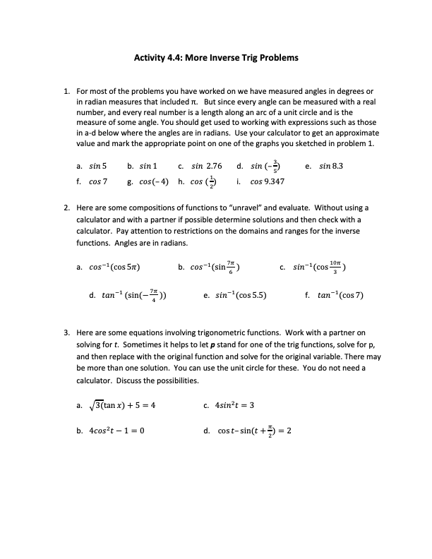 Solved Activity 4.4: More Inverse Trig Problems 1. For most | Chegg.com