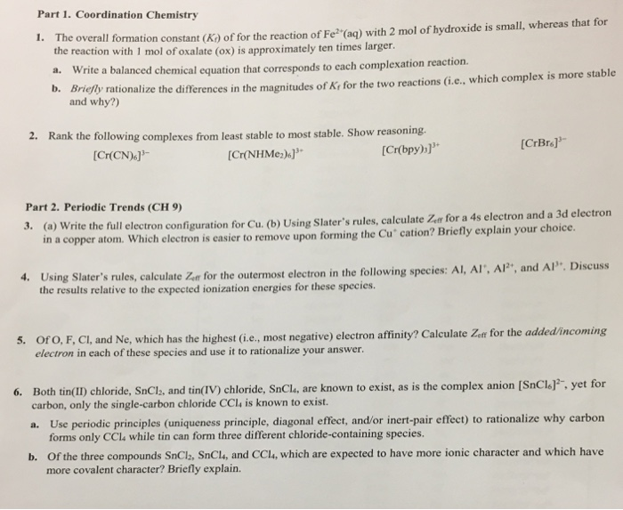Solved Part 1. Coordination Chemistry overall formation | Chegg.com