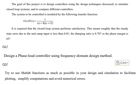 Solved The goal of this project is to design controllers | Chegg.com