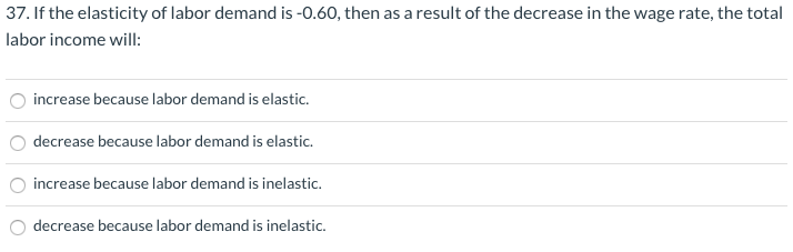 Solved 37. If the elasticity of labor demand is -0.60, then | Chegg.com