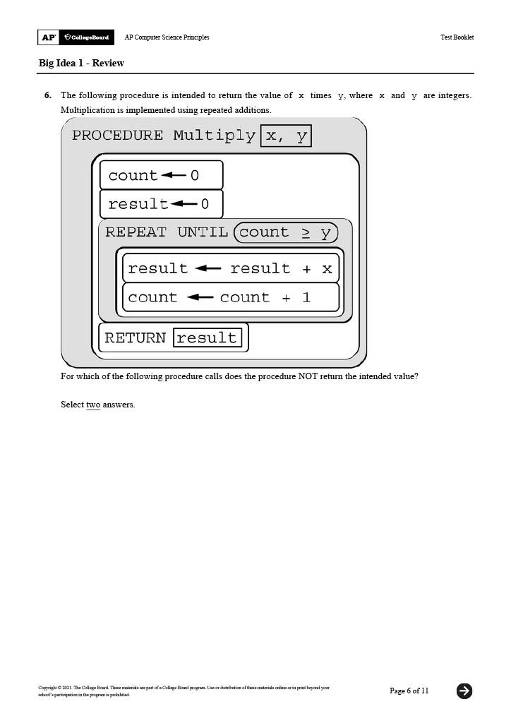 Solved AP College Board AP Computer Science Principles Test Chegg