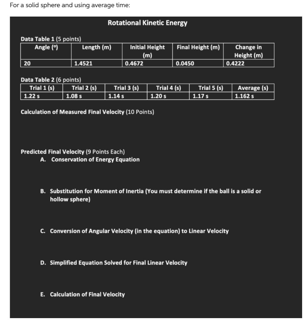 For a solid sphere and using average time: Rotational | Chegg.com