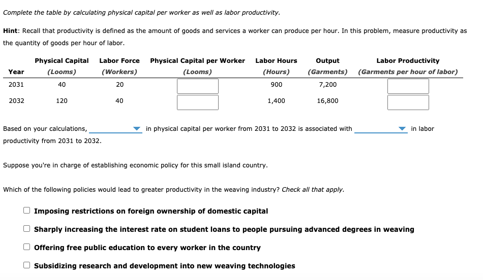 Solved Complete the table by calculating physical capital | Chegg.com