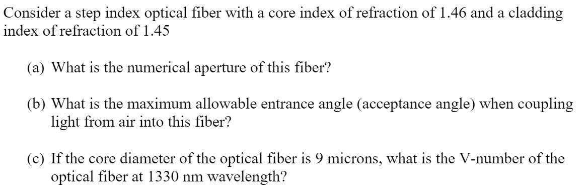 Solved Consider a step index optical fiber with a core index | Chegg.com