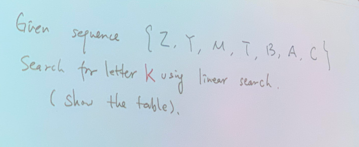 Solved Given sequence {Z,Y,M,T,B,A,C} Search for letter K | Chegg.com