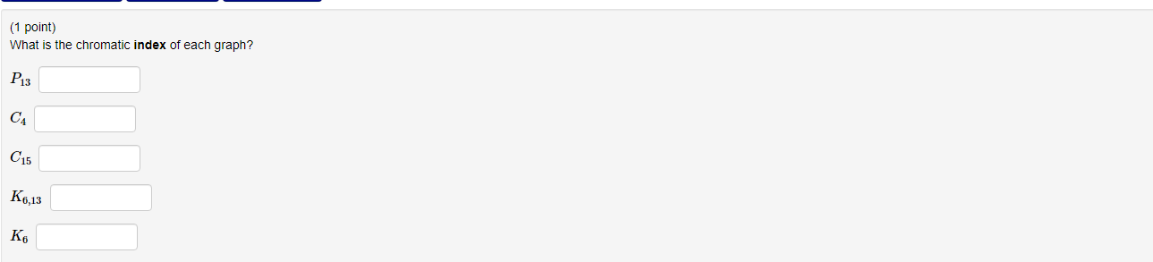 Solved (1 point) What is the chromatic index of each graph? | Chegg.com